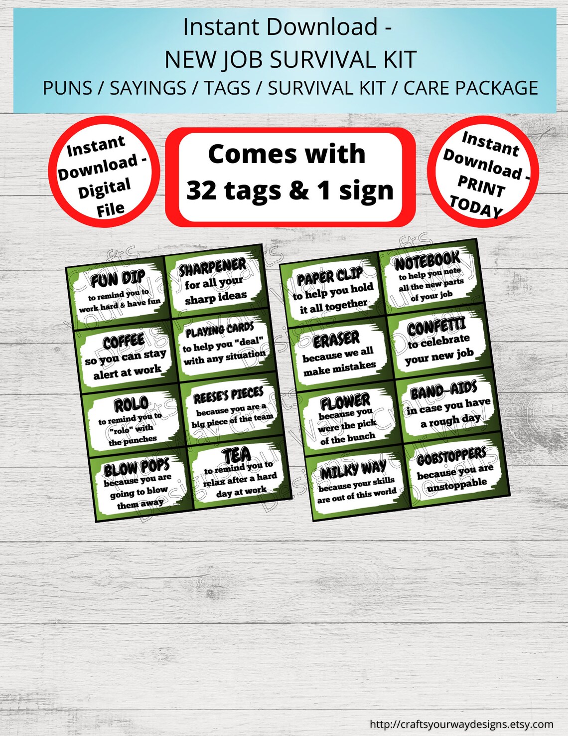 NEW JOB Survival Kit, New JOB Care Package, Gift Tags, New Job Gift ...