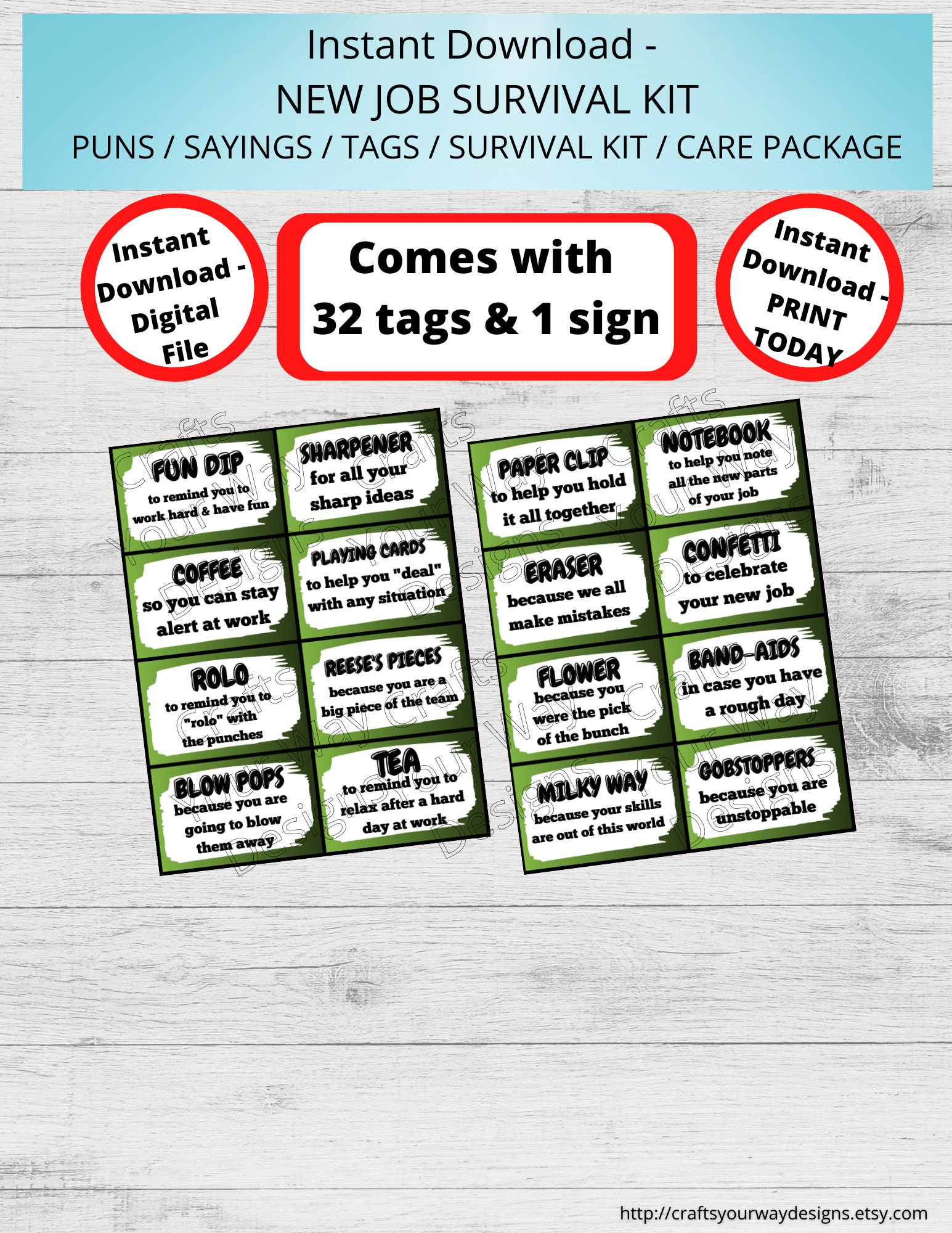 NEW JOB Survival Kit, New JOB Care Package, Gift Tags, New Job Gift ...