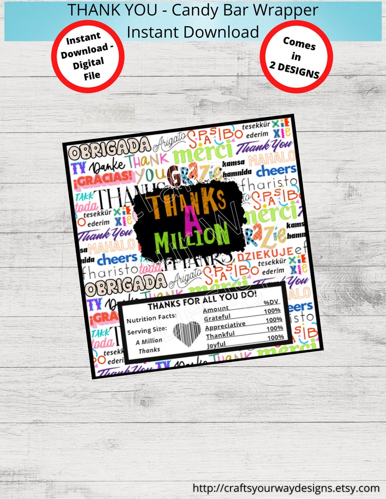 PRINTABLE THANK YOU Candy Bar Wrappers-gift Ideas-party Favors-treats ...