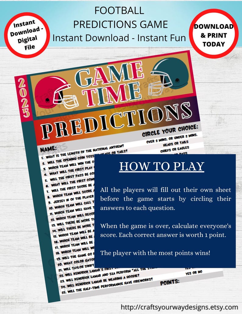 Printable FOOTBALL Party Game, Super Predictions 59 Game, the Big Game ...