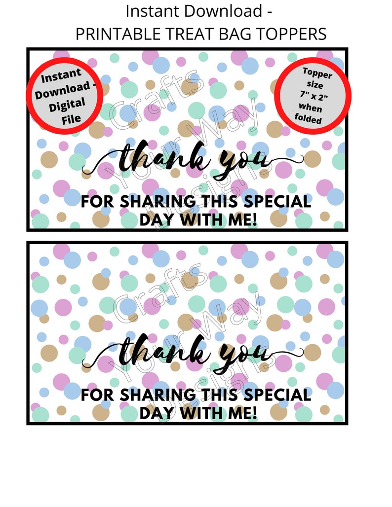 PRINTABLE THANK YOU Treat Bag Toppers -instant Download-goodie Bag ...