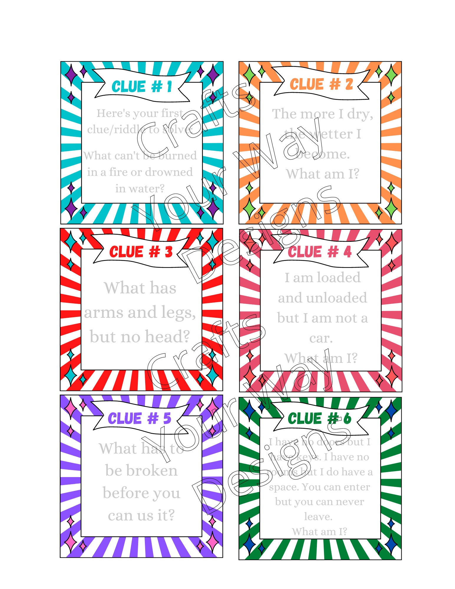 Printable Indoor Clues Riddles Scavenger Hunt / Treasure Hunt for Teens ...