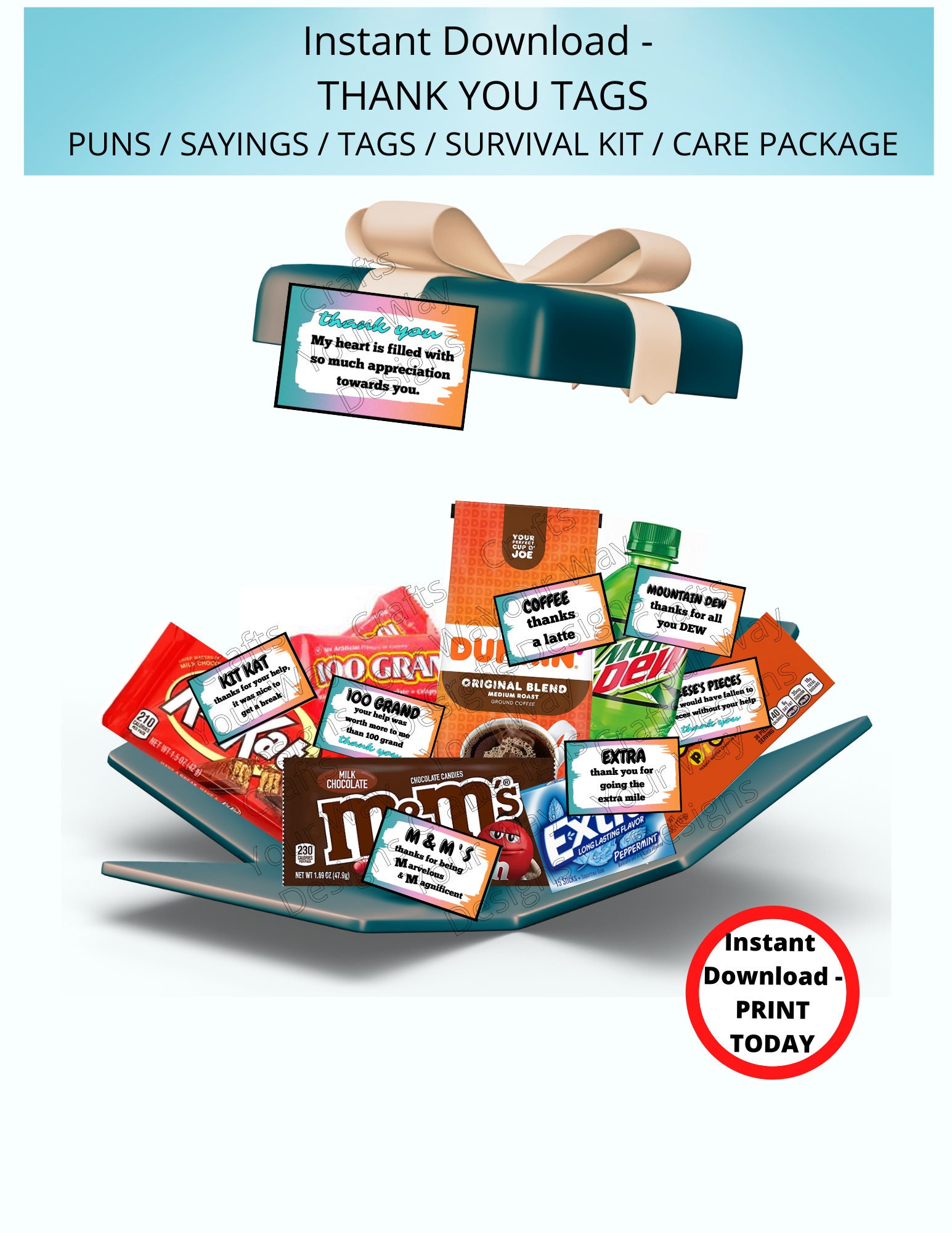 THANK YOU Survival Kit, Thank You Care Package, Gift Tags, Thank You Gift Ideas, Gift Basket ...