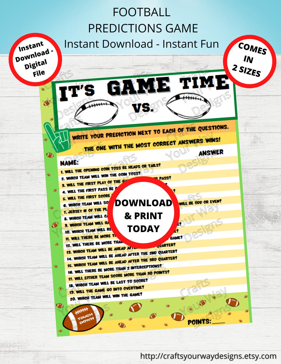 Printable FOOTBALL PREDICTION GAME. Instant Download. Watch Party Prop ...