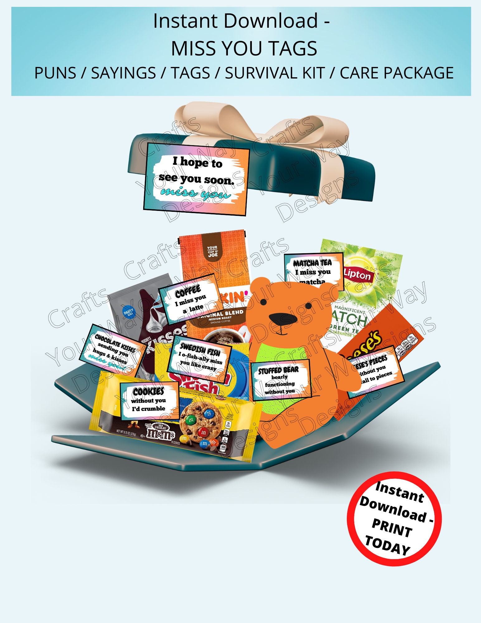 MISS YOU Survival Kit, Miss You Care Package, Gift Tags, Gift Ideas ...