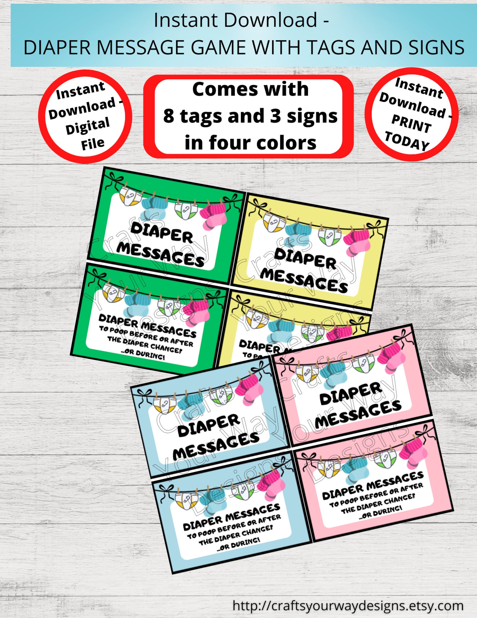 DIAPER MESSAGE GAME Tags and Signs, Baby Shower Games, Printable ...