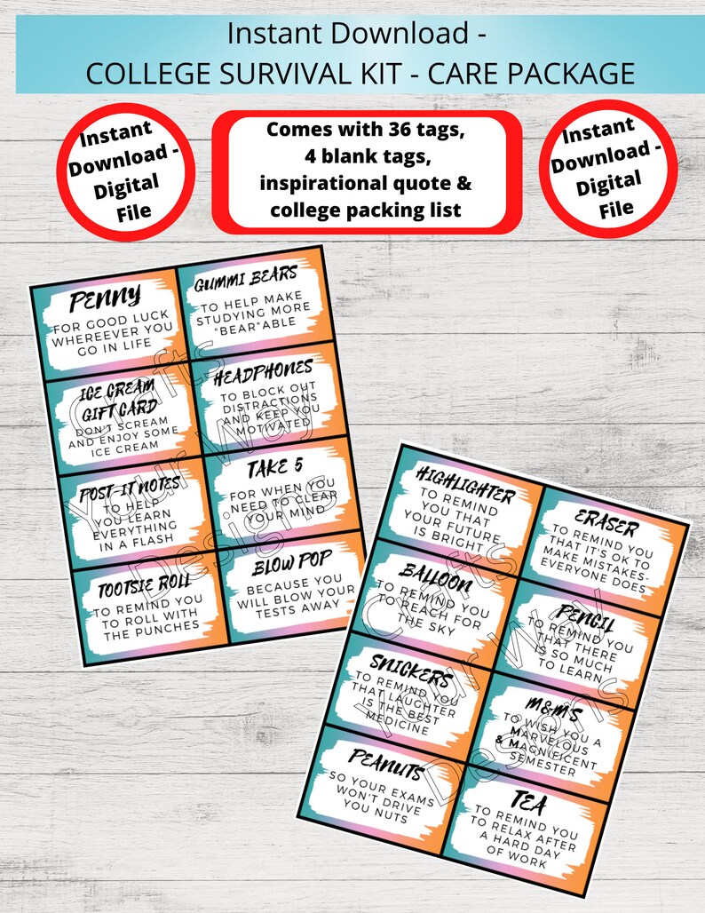 Instant Download Printables- College Survival Kit, College Care Package ...