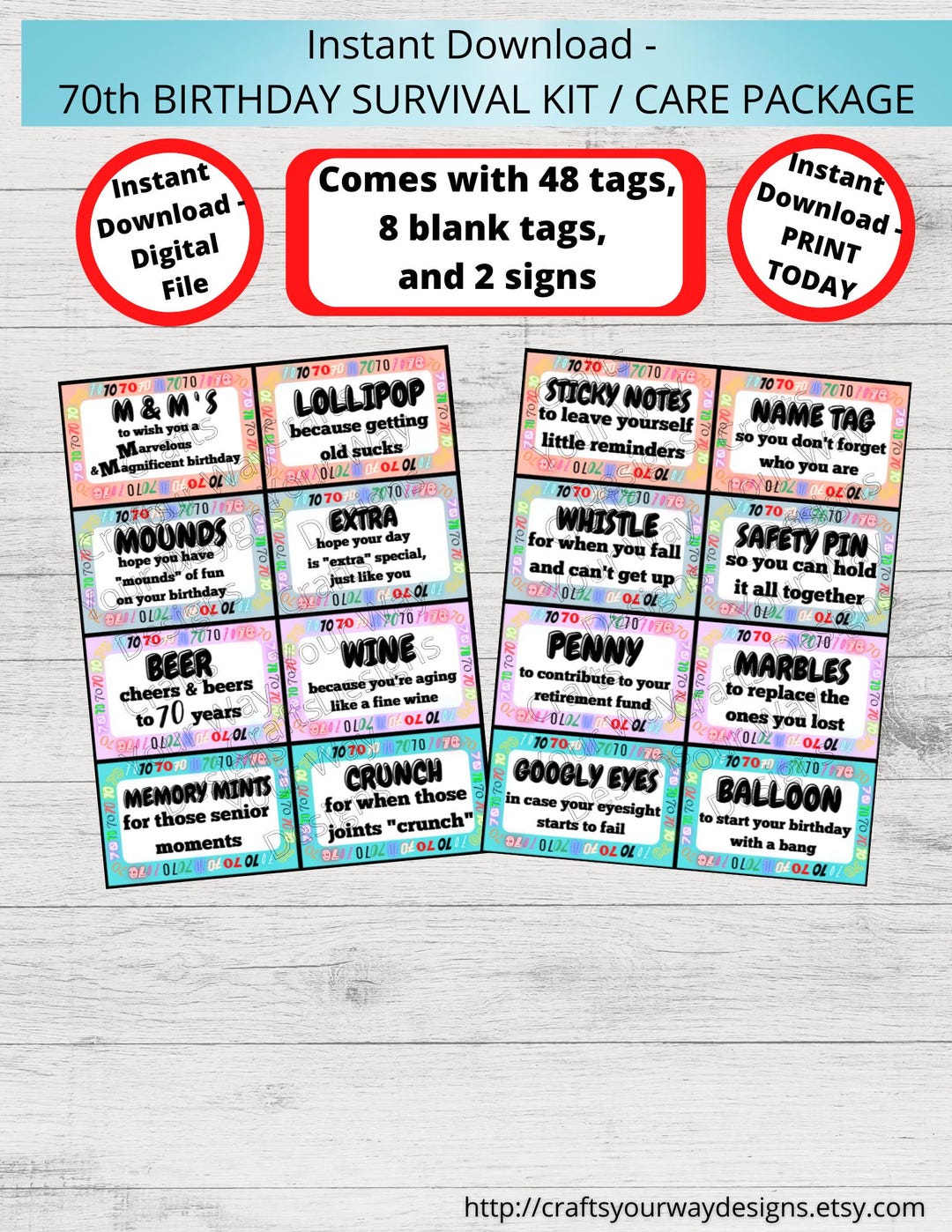 70th BIRTHDAY Survival Kit, 70th Birthday Care Package, Gift Tags ...