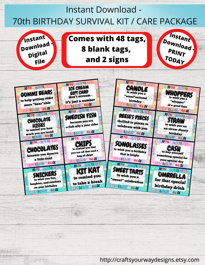 70th BIRTHDAY Survival Kit, 70th Birthday Care Package, Gift Tags ...
