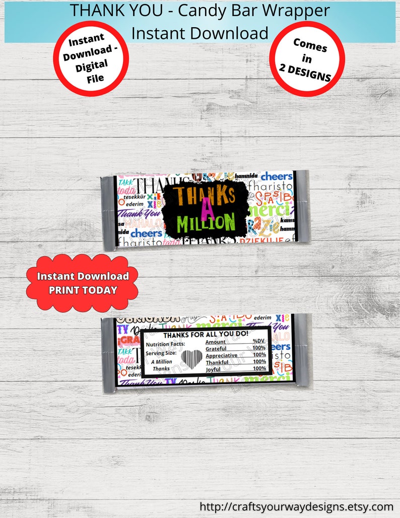 PRINTABLE THANK YOU Candy Bar Wrappers-gift Ideas-party Favors-treats ...