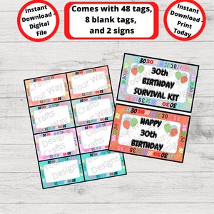 30th BIRTHDAY Survival Kit, 30th Birthday Care Package, Gift Tags ...