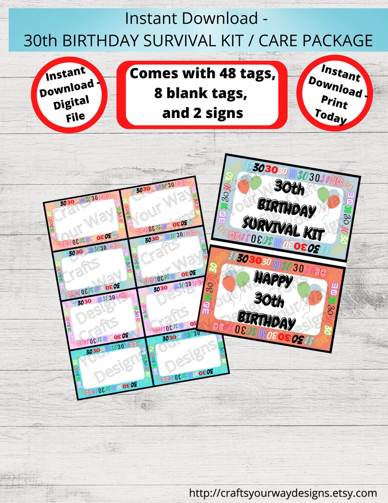 30th BIRTHDAY Survival Kit, 30th Birthday Care Package, Gift Tags ...