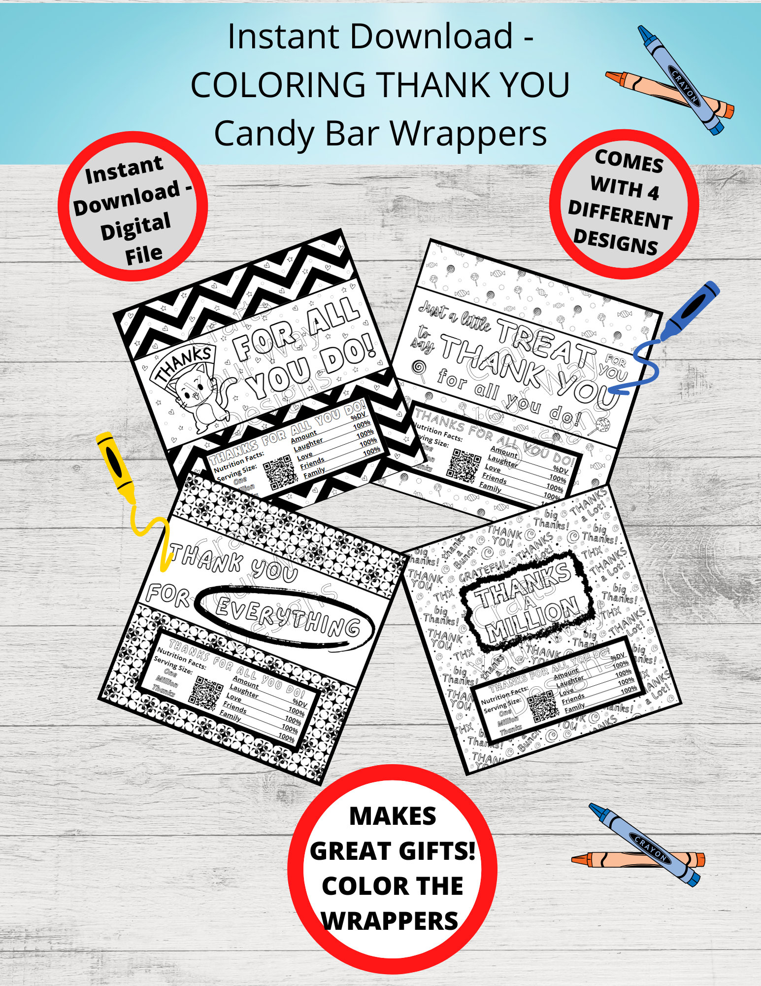Printable COLORING THANK YOU Candy Bar Wrappers-gift Ideas-party Favors ...