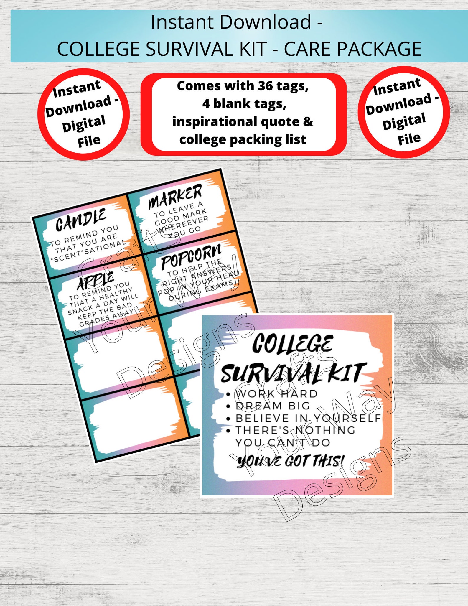 Instant Download Printables- College Survival Kit, College Care Package ...