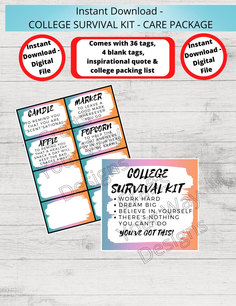Instant Download Printables- College Survival Kit, College Care Package ...