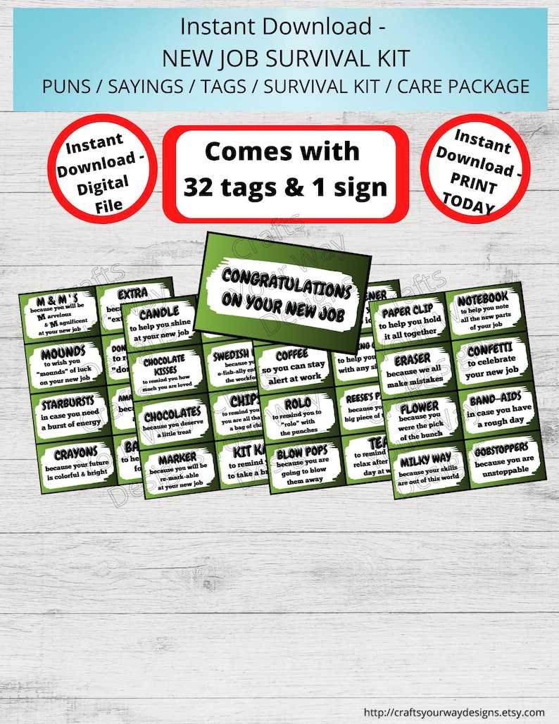 NEW JOB Survival Kit, New JOB Care Package, Gift Tags, New Job Gift ...