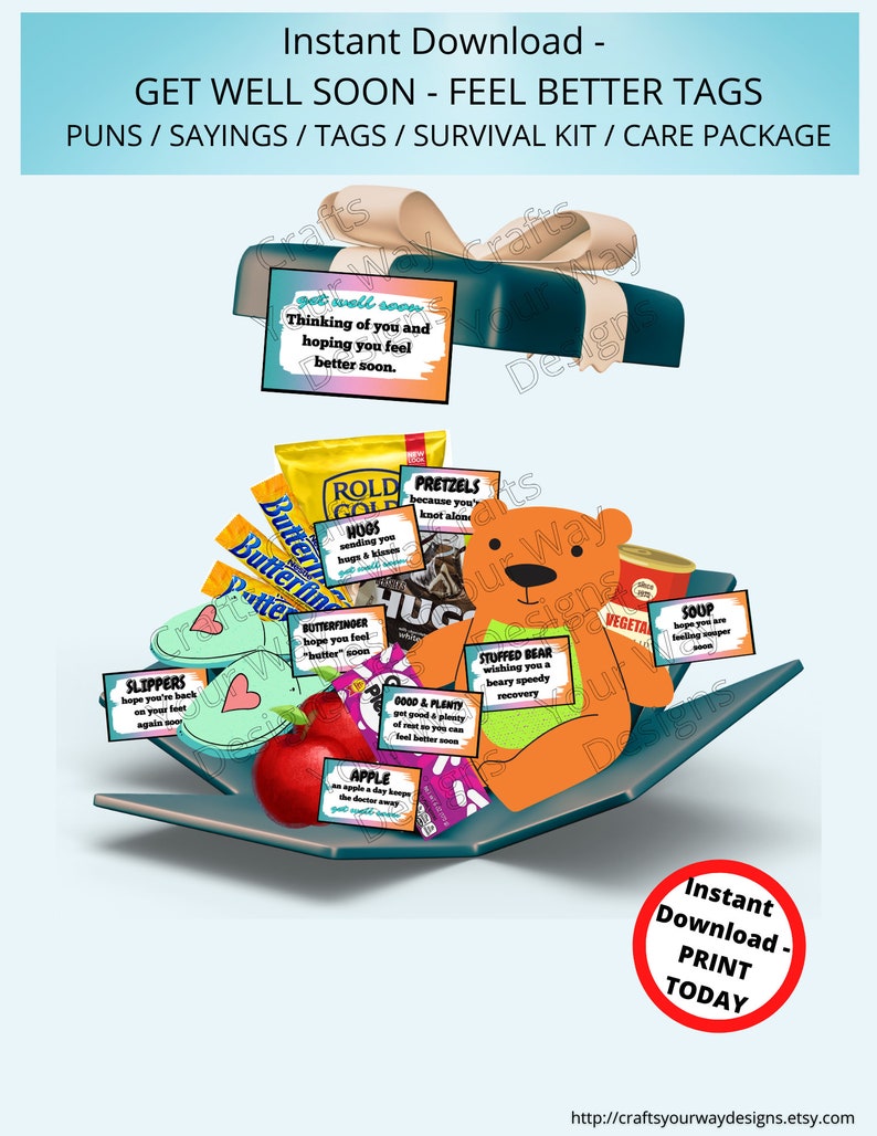 GET WELL SOON Survival Kit, Feel Better Care Package, Gift Tags, Gift ...