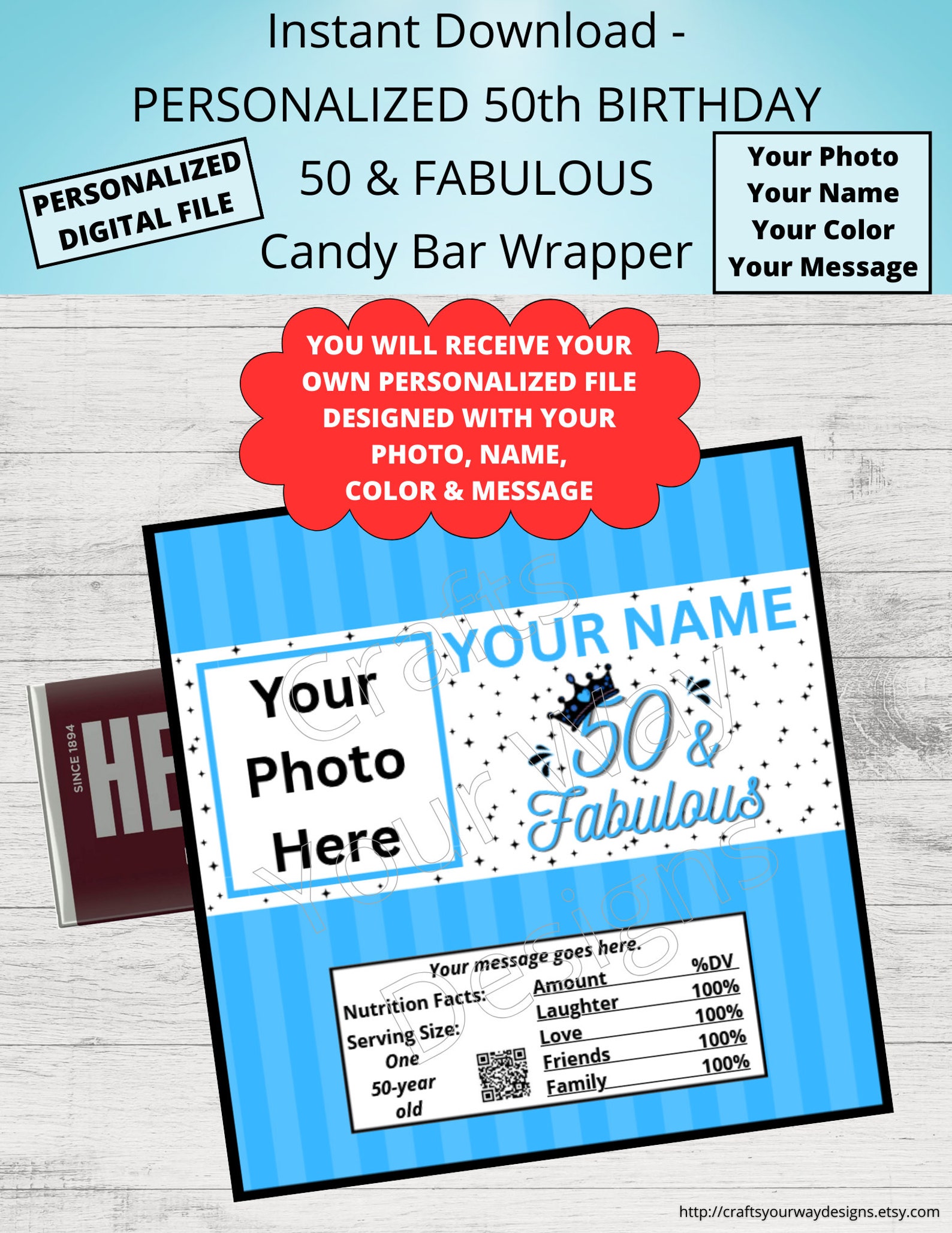 PERSONALIZED PHOTO 50th BIRTHDAY Candy Bar Wrapper-printable Personalized File-customize With ...