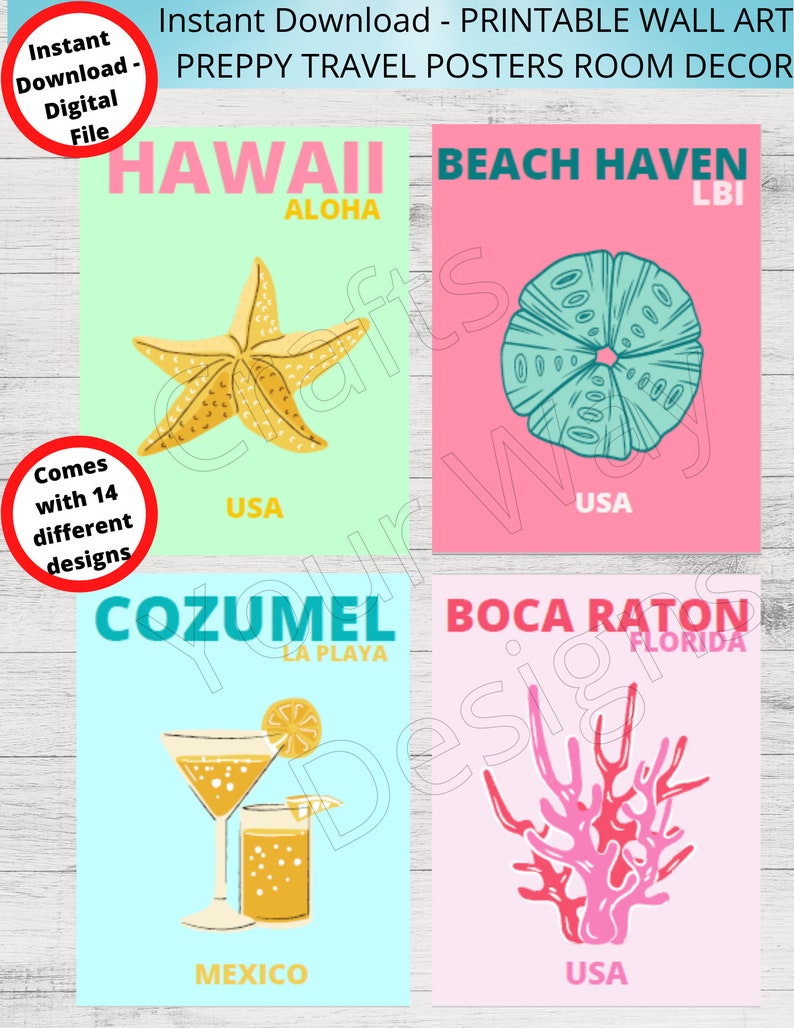 Set of 14 PREPPY TRAVEL POSTERS Instant Download Printable Aesthetic ...
