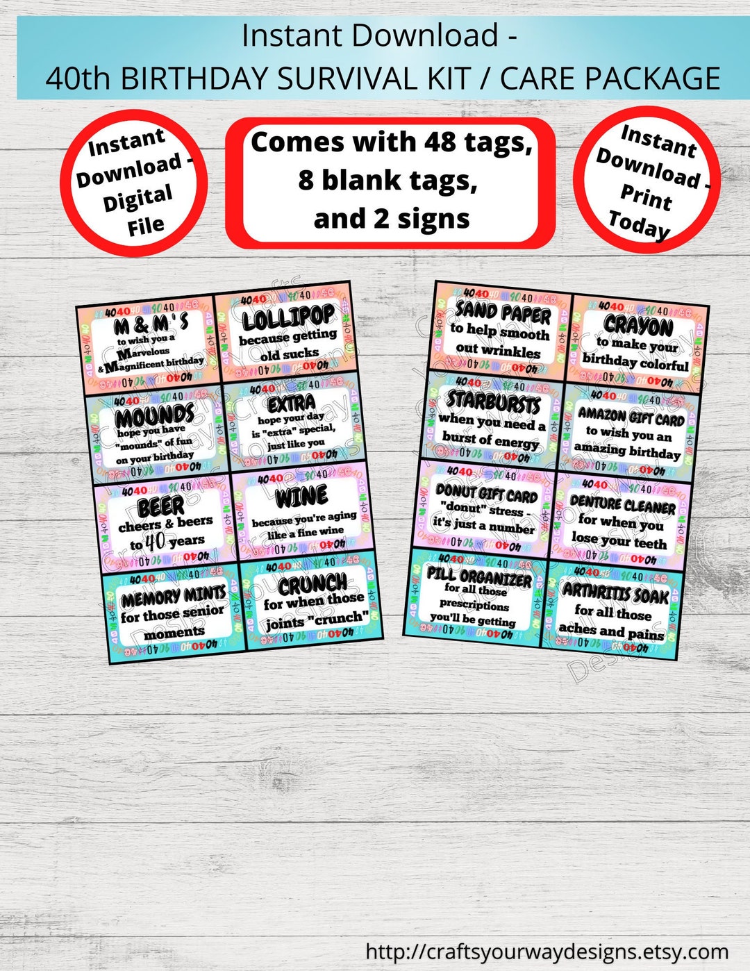 40th BIRTHDAY Survival Kit, 40th Birthday Care Package, Gift Tags ...