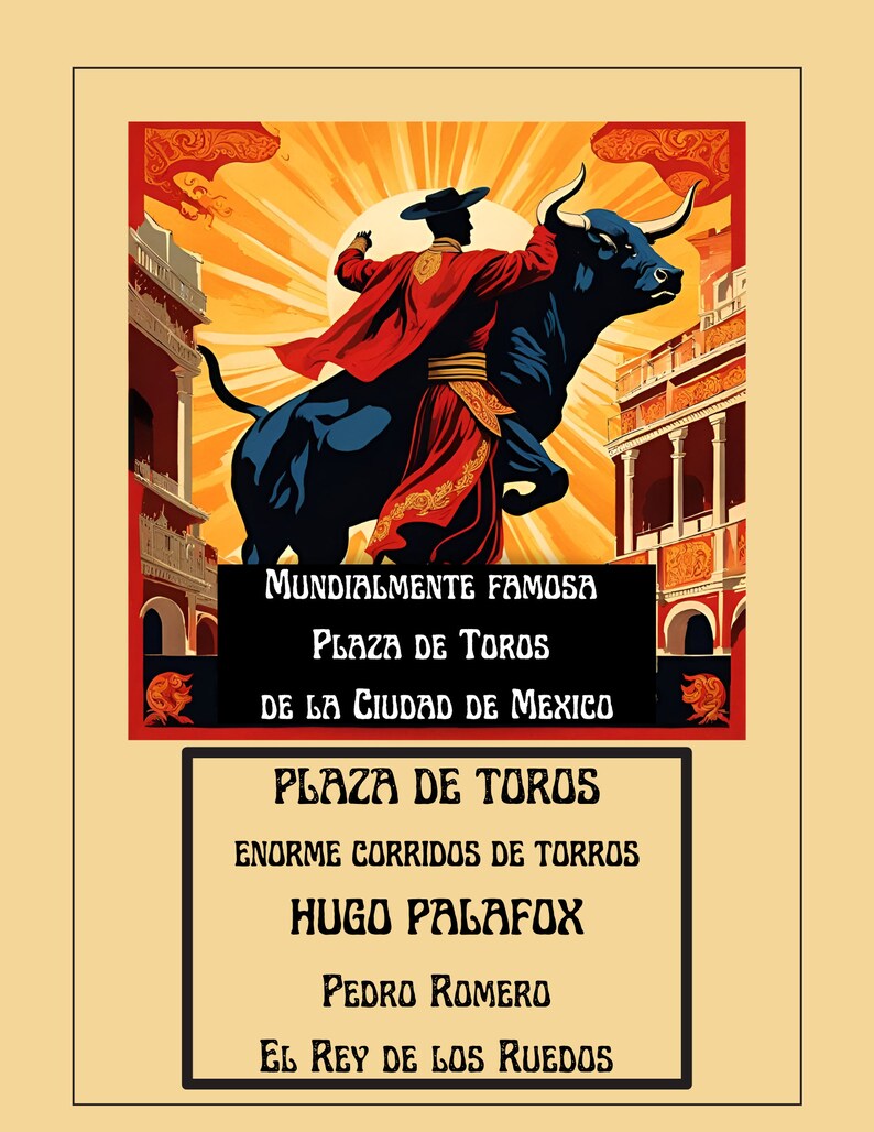 Iconic 1940s Plaza De Toros Mexican Bullfighting Lithograph Poster Wall ...