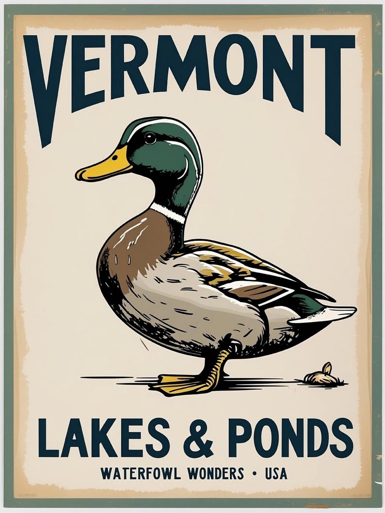 Vermont Travel Poster Retro Mallard Duck Art American Waterfowl Rustic ...