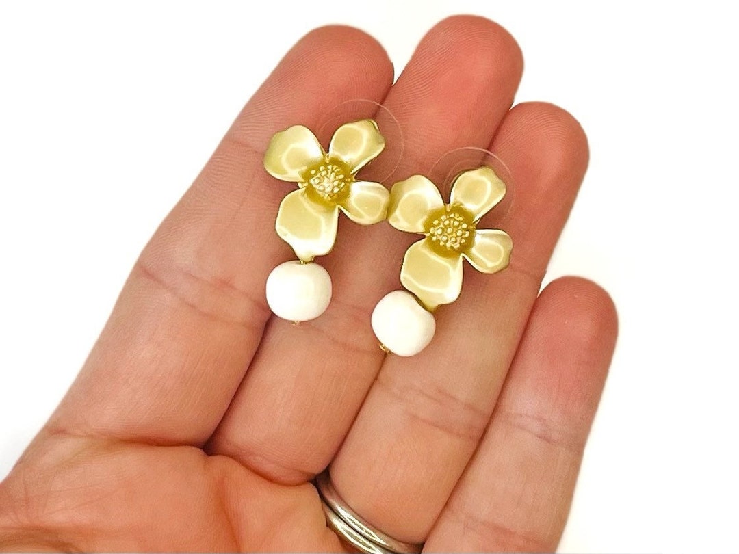 Magnolia Earrings, Southern Jewelry, Golden Flower Dangle Earrings ...