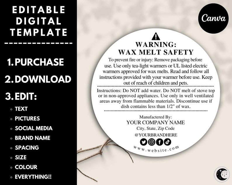 Wax Melt Warning Safety Label Template Custom DIY Editable Label Design ...