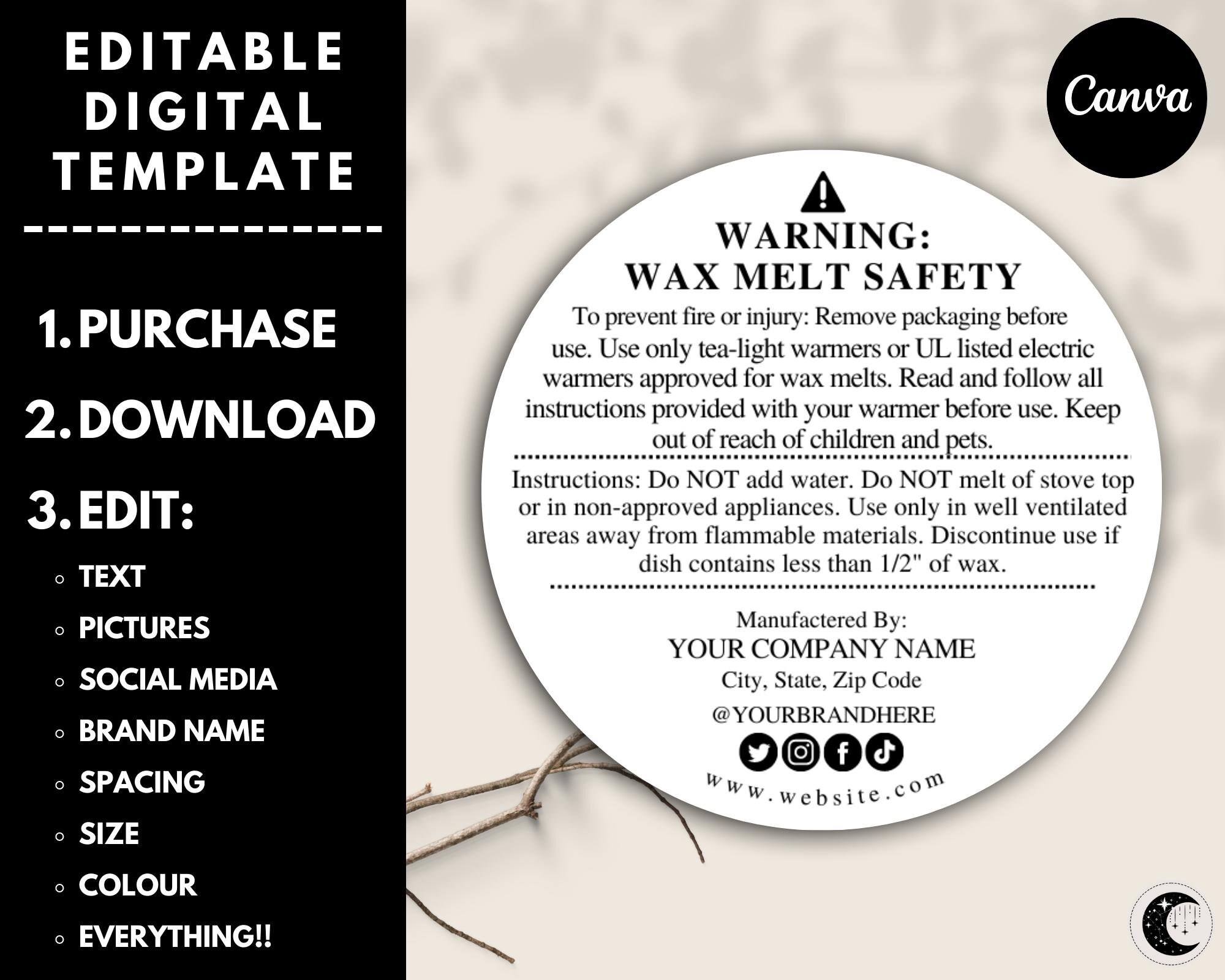 Wax Melt Warning Safety Label Template Custom DIY Editable Label Design ...