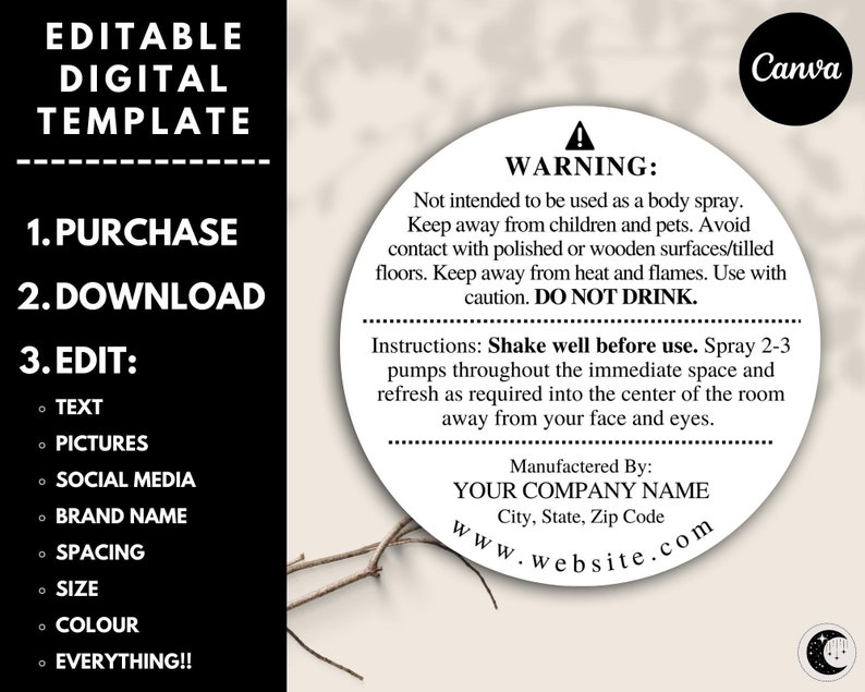 1.5 Round Circle Room Spray Safety Label Editable Canva Template ...