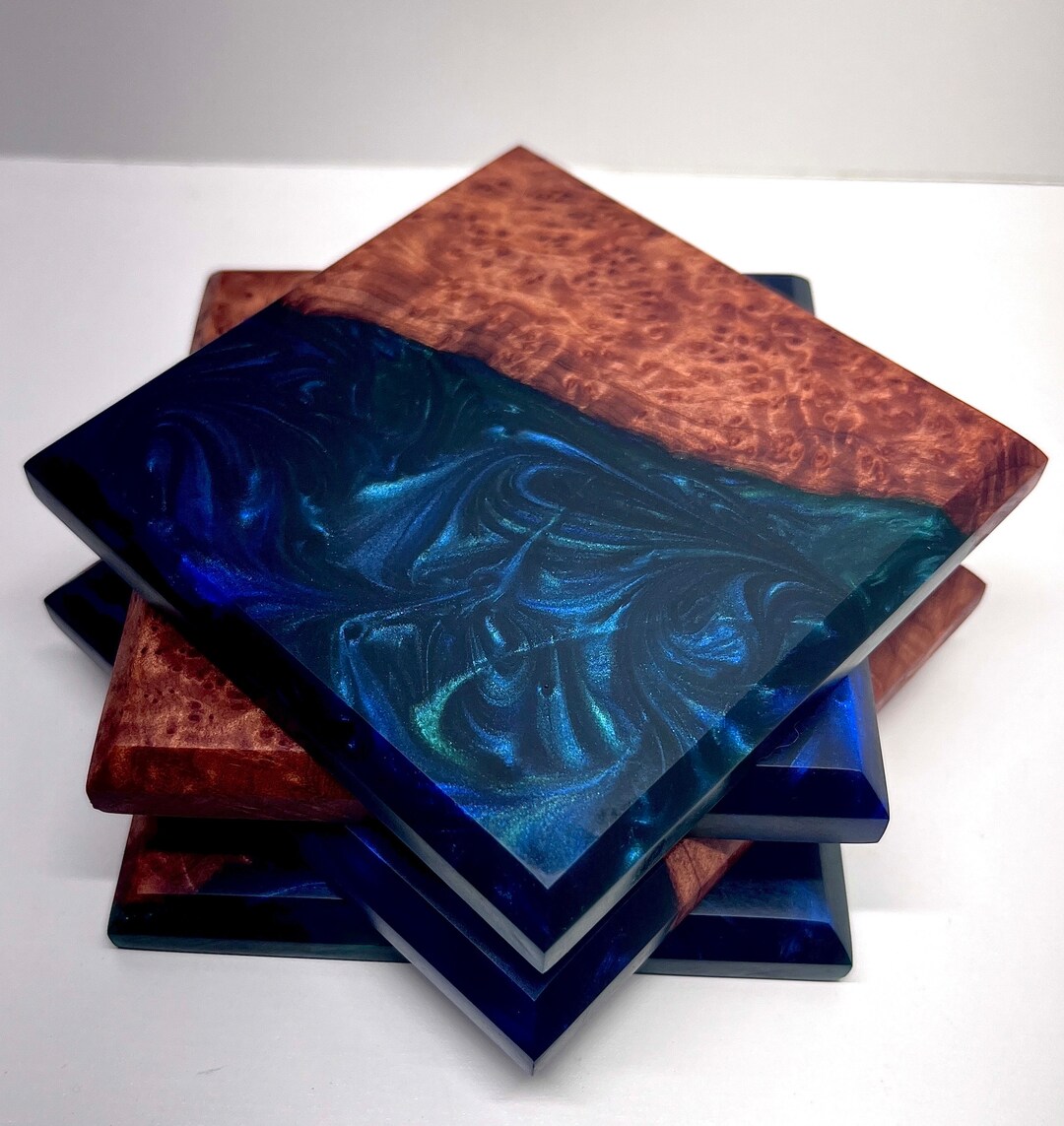 Wood & Epoxy Coaster Set Redwood Burl With Green and Blue Epoxy - Etsy
