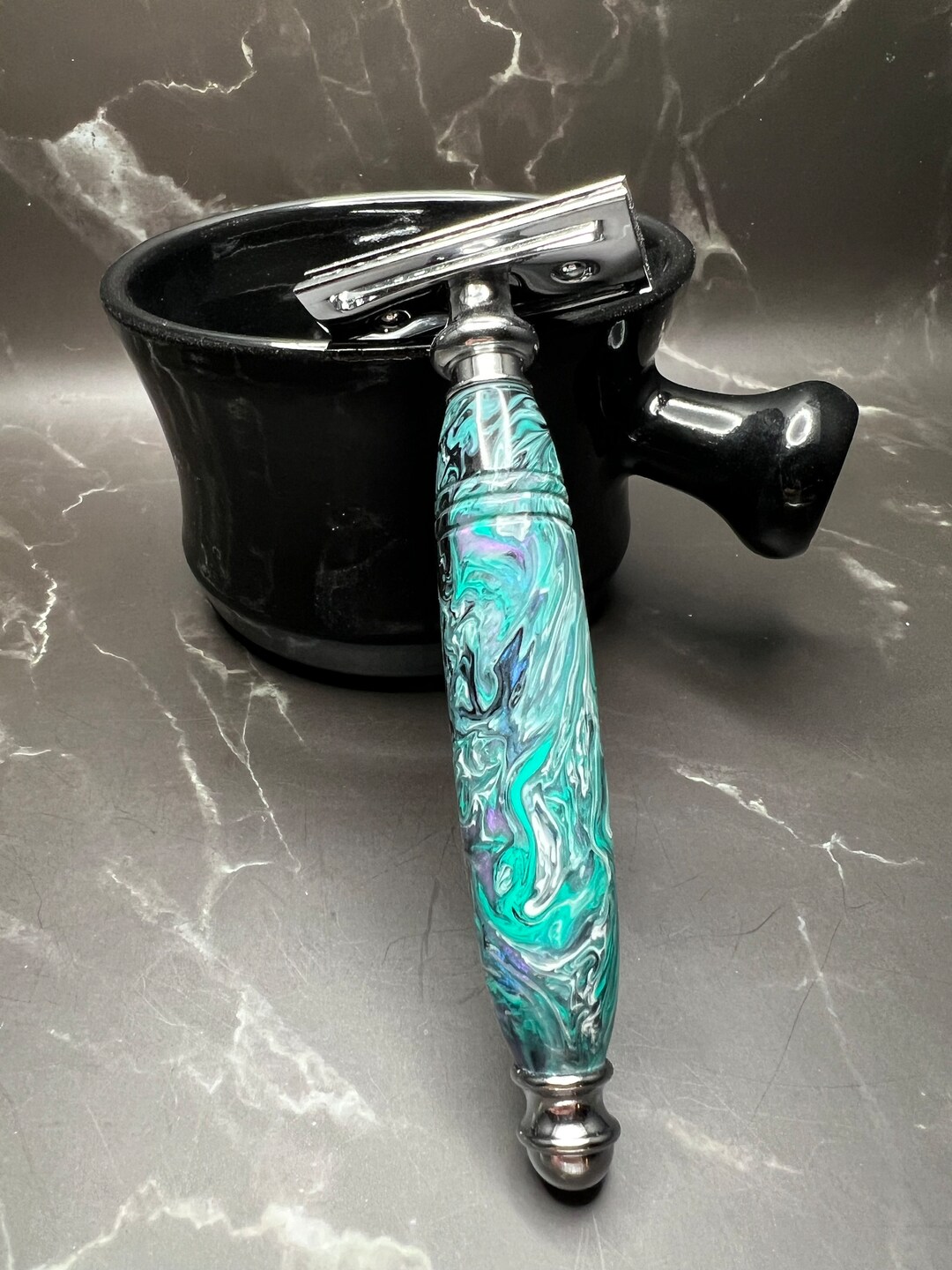 Safety Razor With Handmade Resin Handle & Black Ceramic Shaving Mug - Etsy
