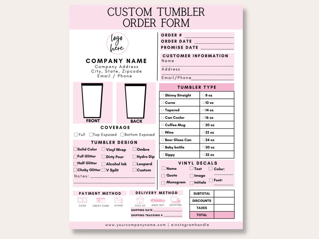 Tumbler Order Form, Editable Tumbler Order Form Template, Custom ...