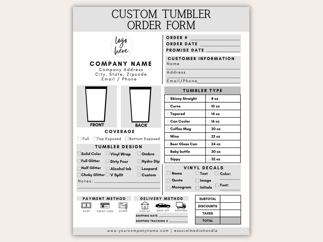 Tumbler Order Form, Editable Tumbler Order Form Template, Custom ...