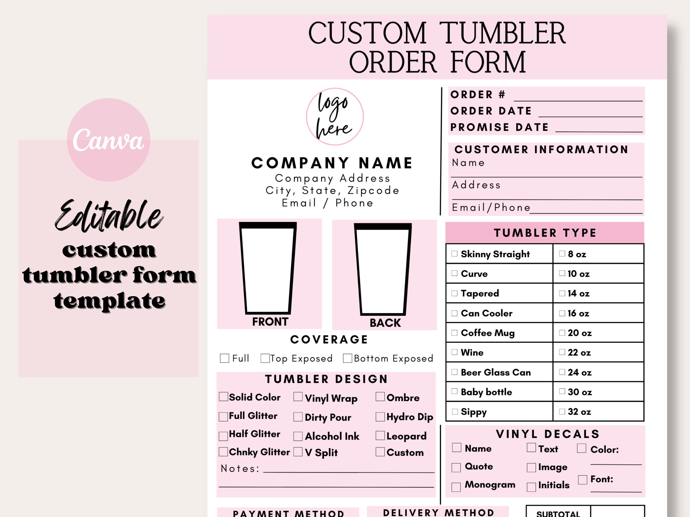 Tumbler Order Form Editable Tumbler Order Form Template - Etsy