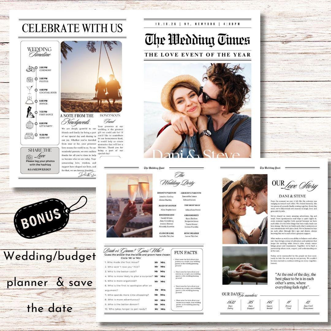 Wedding Newspaper Template With Photo,newspaper Save the Date,wedding ...