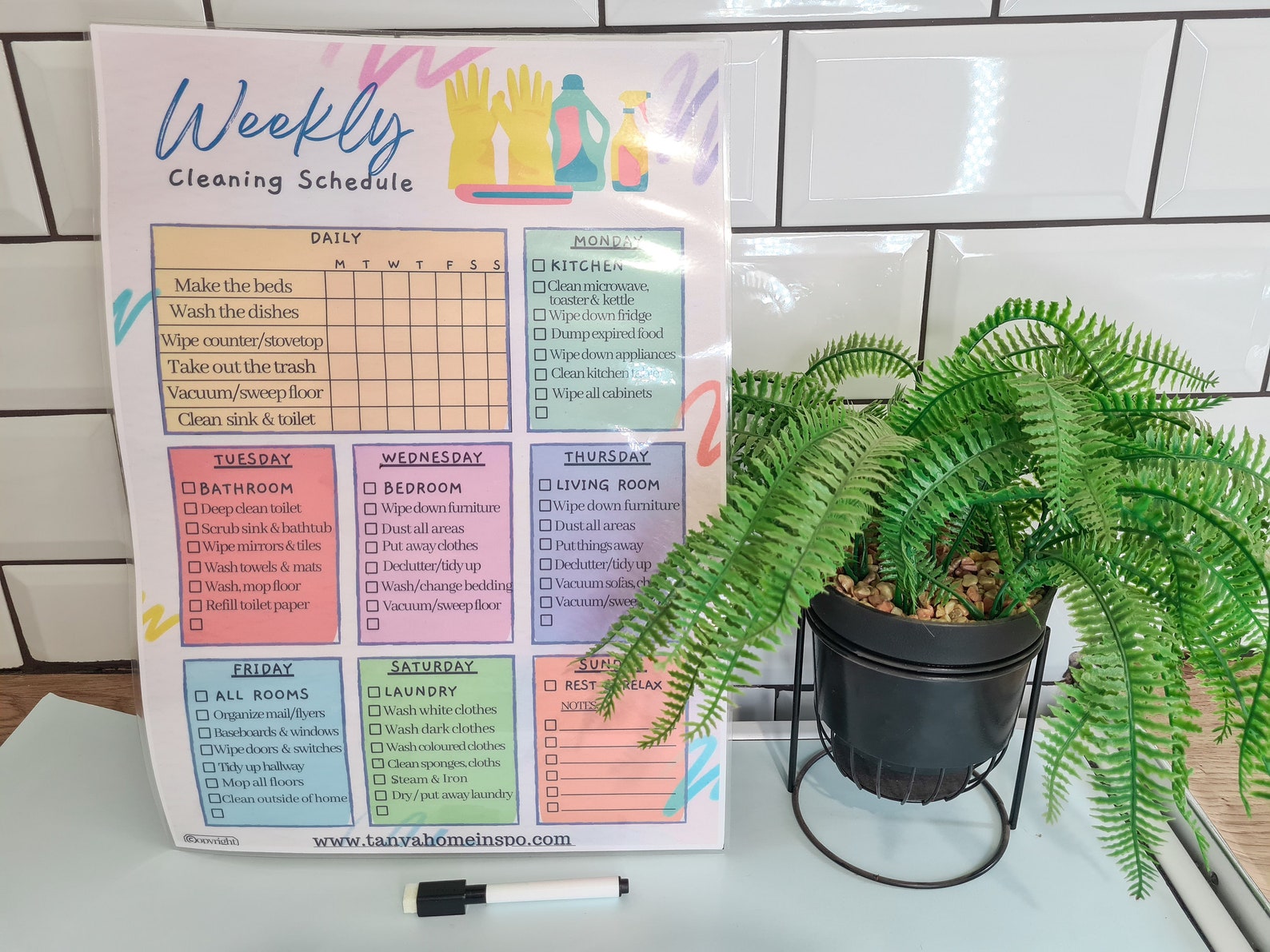 Laminated Weekly Cleaning Schedule Poster, Dry Erase White Board, Chore ...