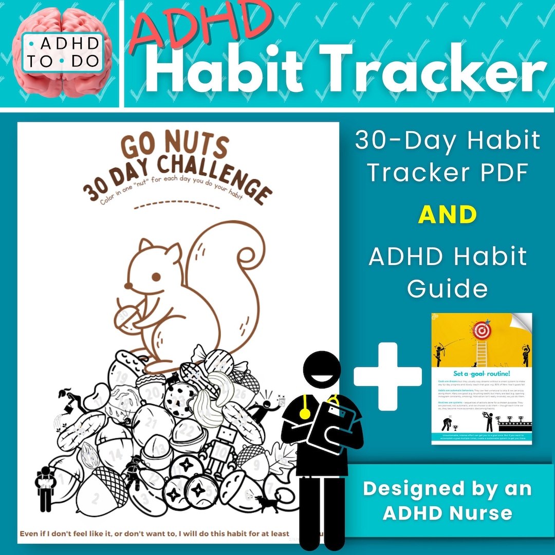 Go Nuts 30-day ADHD Habit Tracker | 30-day Habit Challenge | ADHD Adult ...