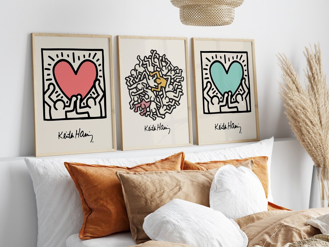 Set of 3 Keith Haring Abstract Exhibition Art Prints, Beige Wall ...