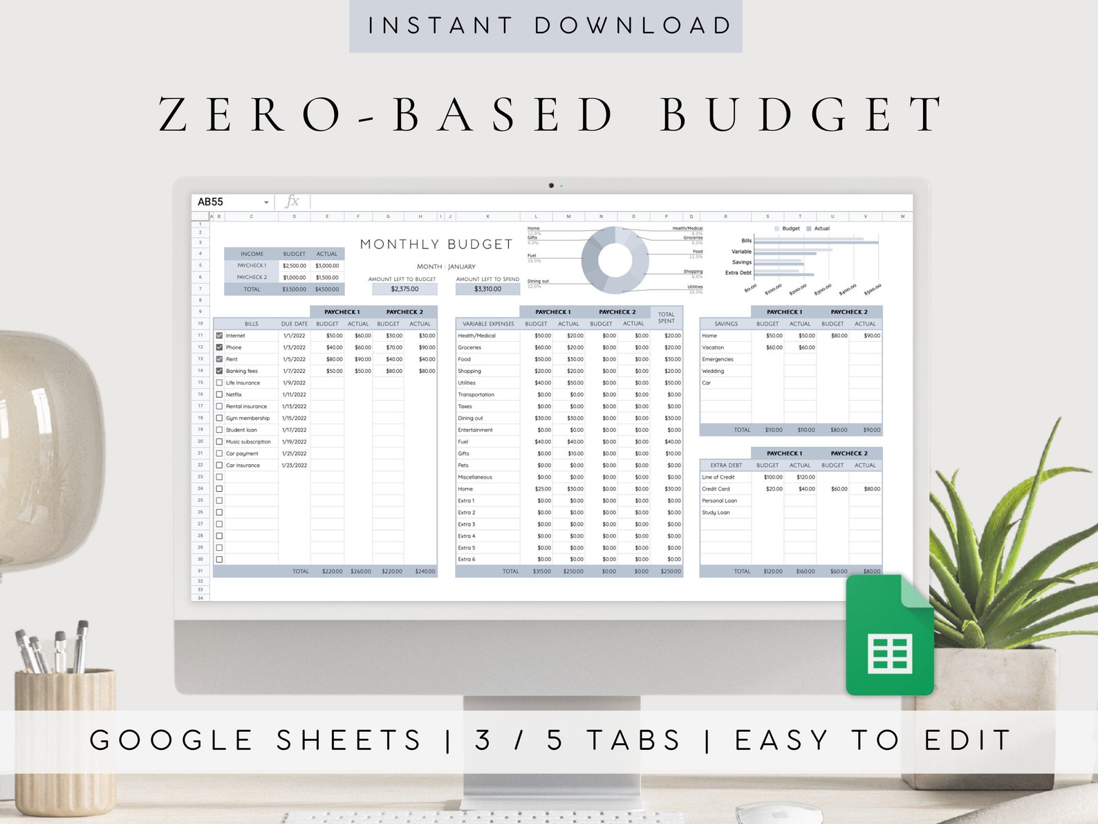 Zero-based Budget Spreadsheet Finance Template Financial | Etsy