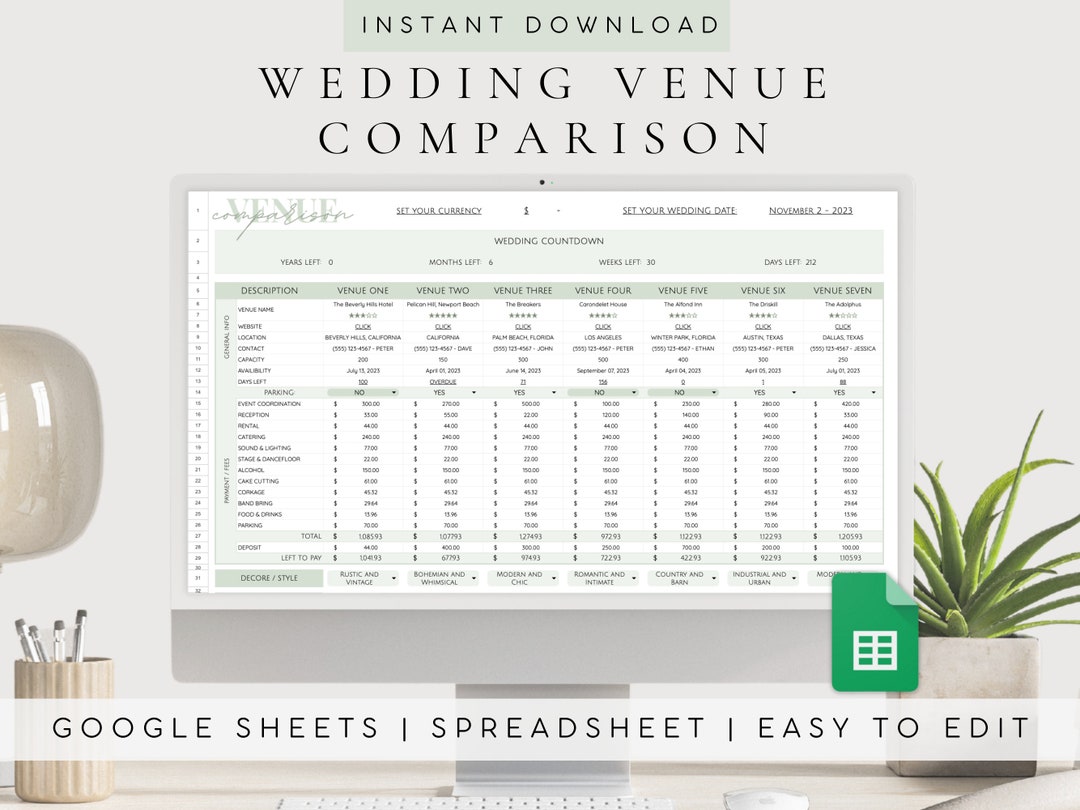 Wedding Venue Comparison Digital Download Spreadsheet | Simple ...