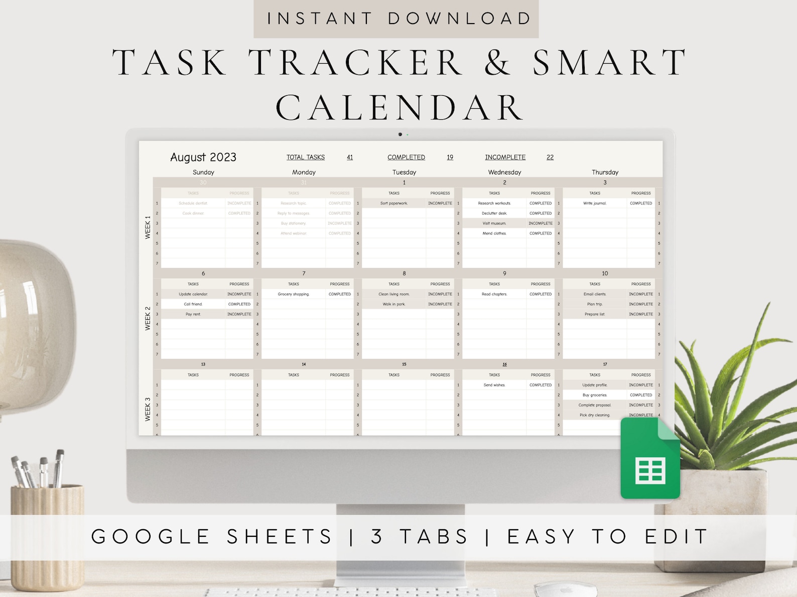 Task Tracker and Smart Calendar 2024 2025 to Do List Spreadsheet ...