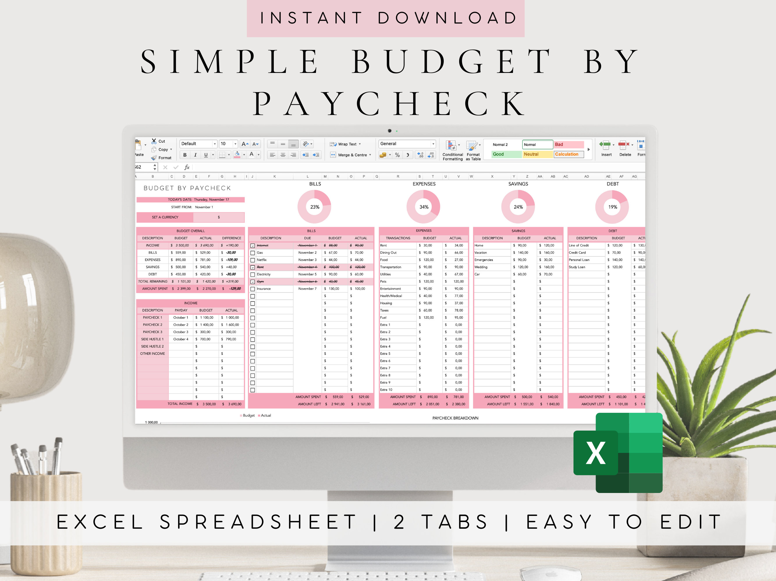 Budget by Paycheck Excel Monthly Budget Planner Template - Etsy