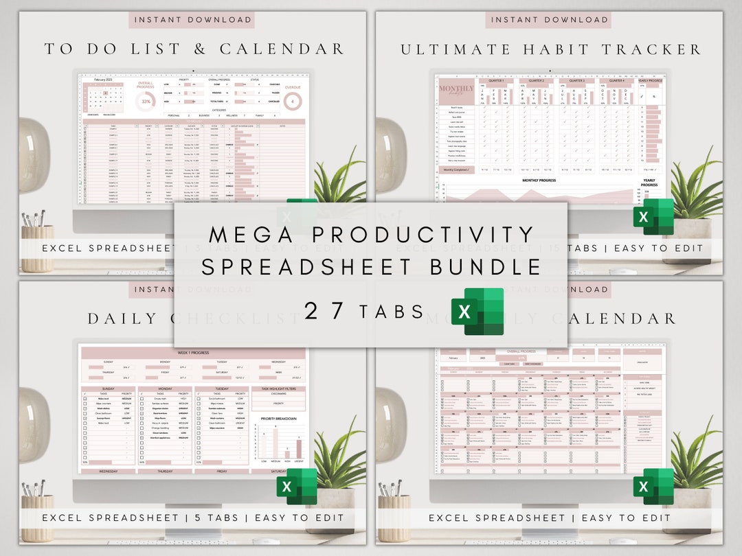Productivity Spreadsheet Template Bundle | Excel Spreadsheet Template ...