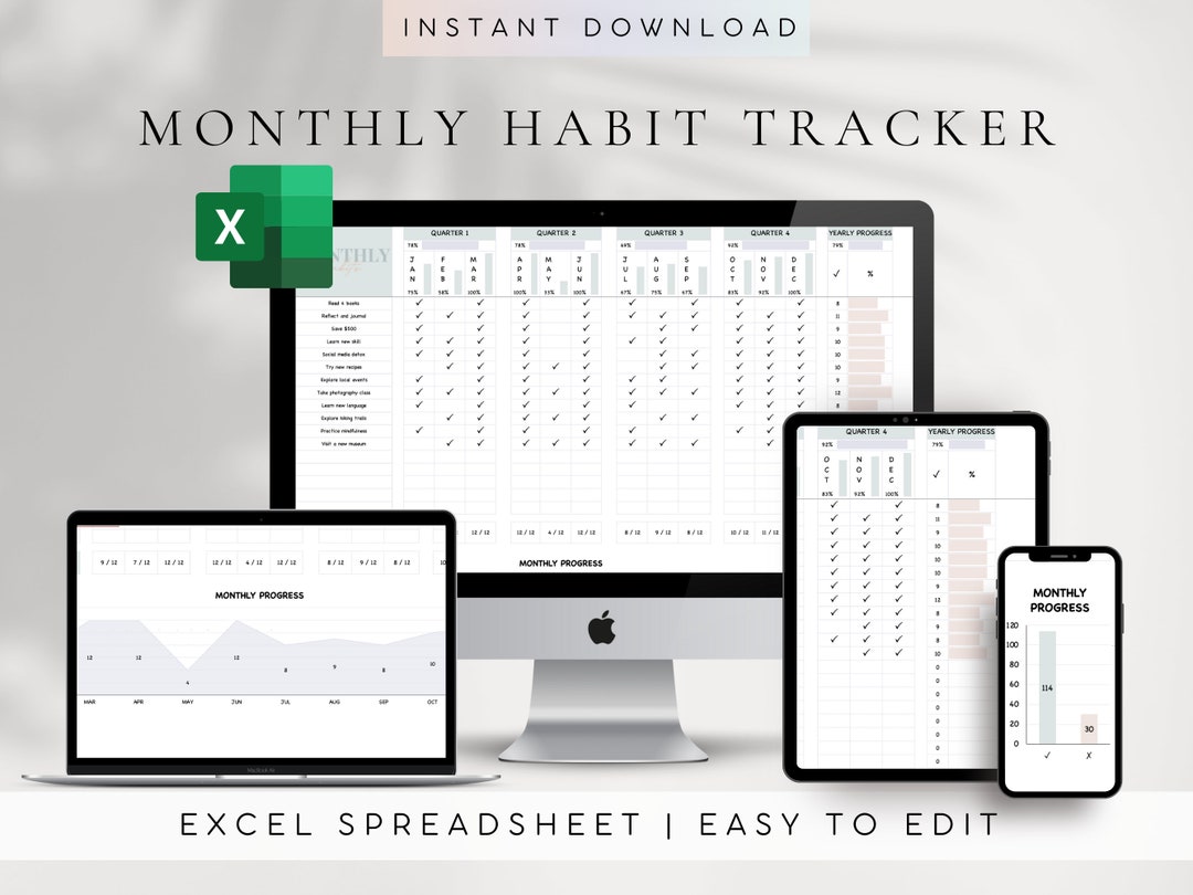 Digital Habit Tracker Excel Spreadsheet | Monthly Habit Tracker | Excel ...