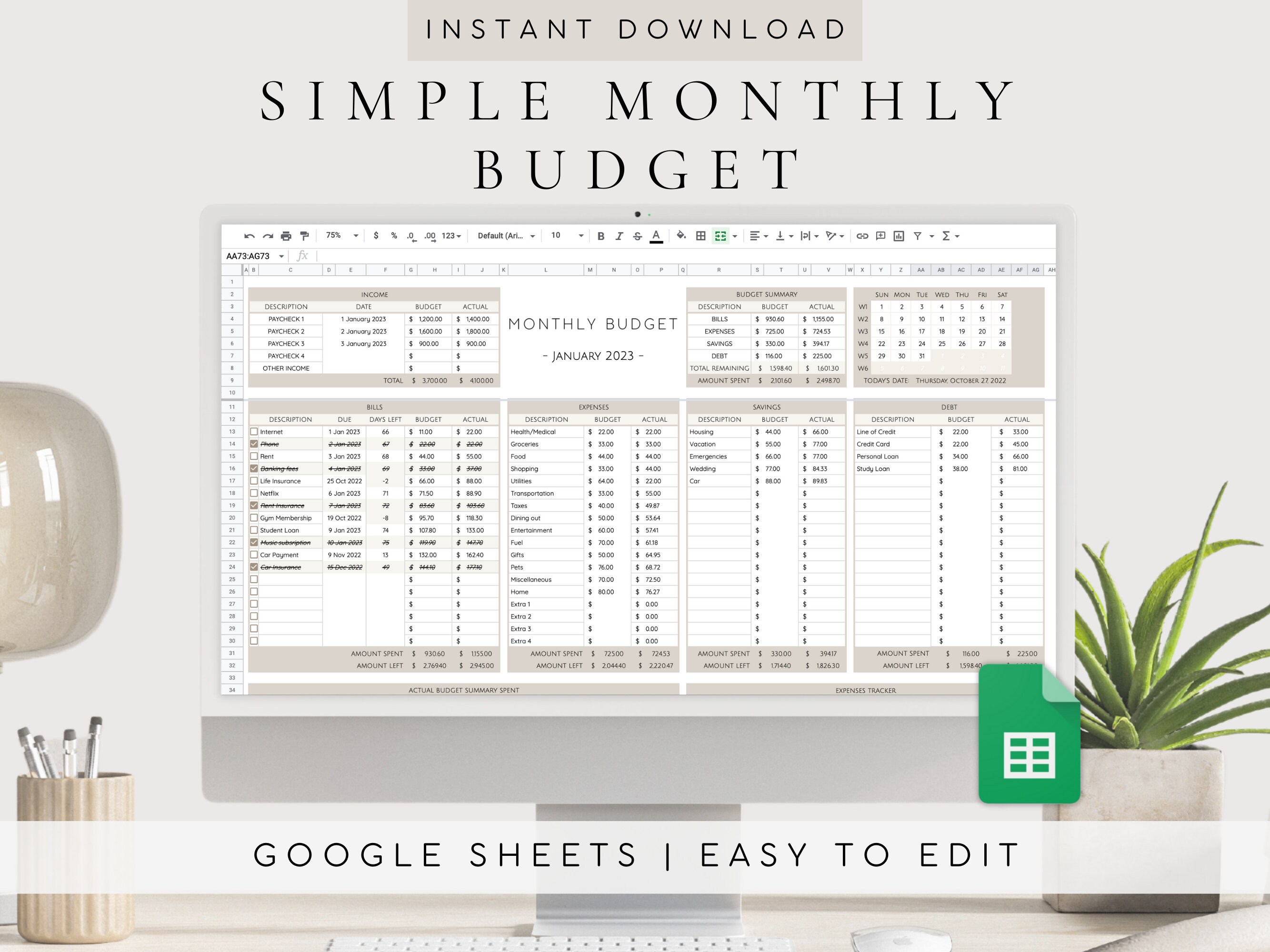 Simple Monthly Budget Spreadsheet Google Sheet Budget - Etsy