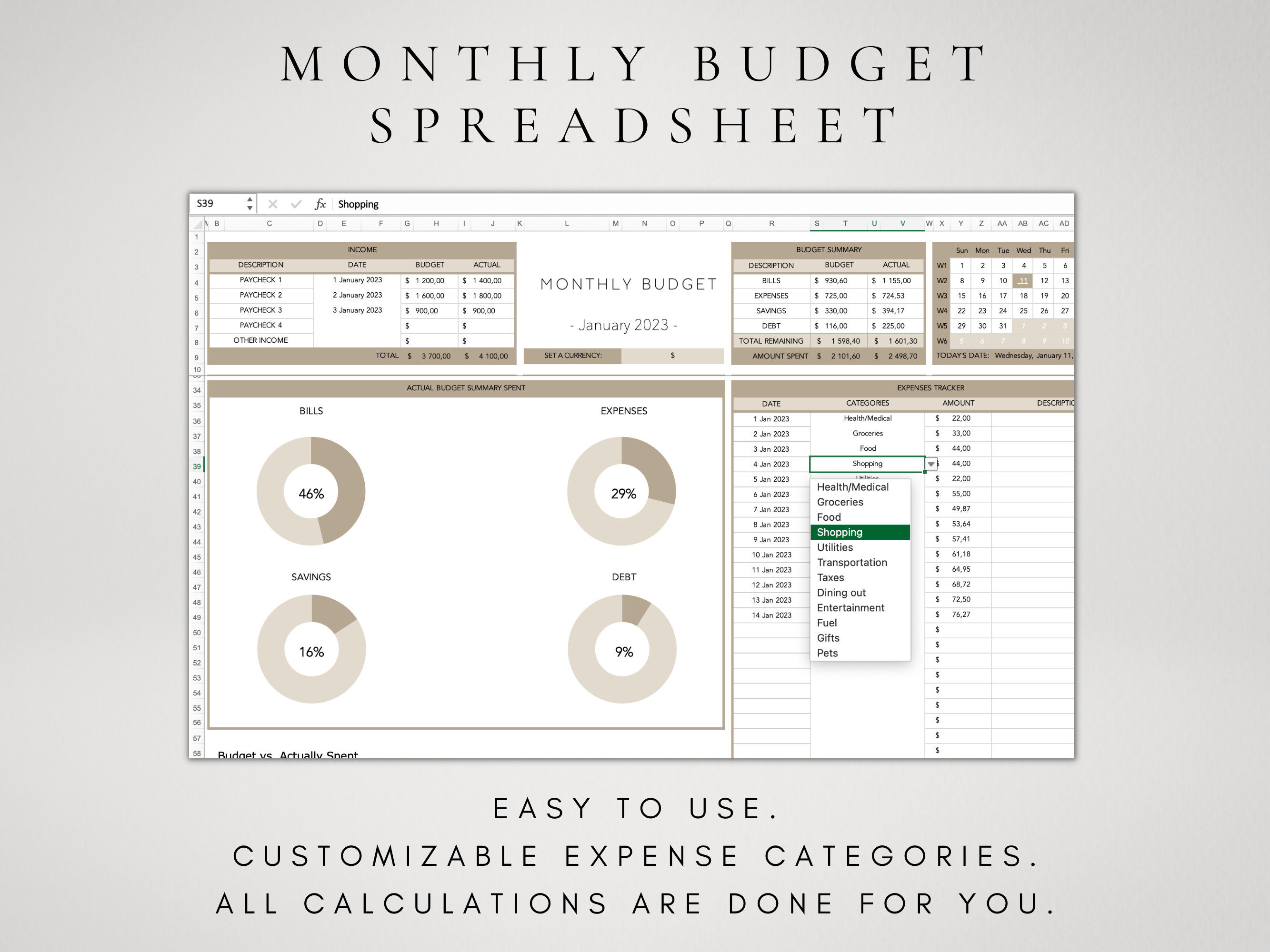 Monthly Budget Spreadsheet Template Excel Simple Budget - Etsy