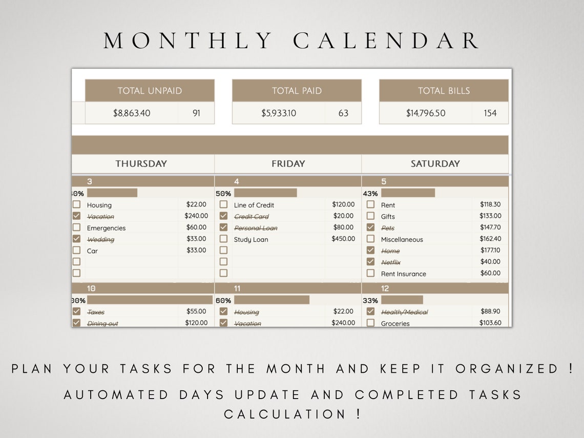 Bill Tracker Calendar Google Sheets Monthly Bill Planner - Etsy