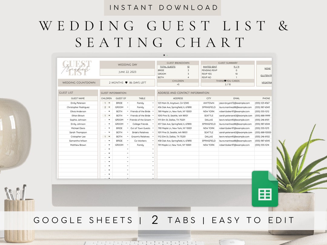 Wedding Seating Chart & Guest List Template Google Sheets | RSVP ...