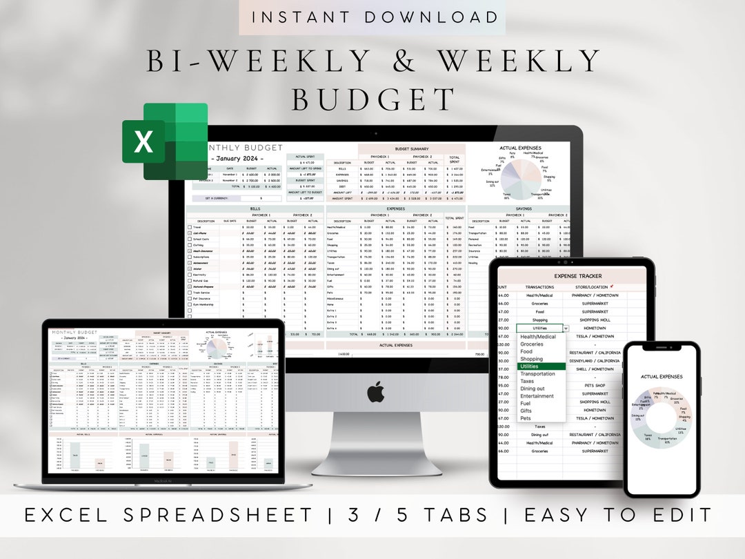 Biweekly & Weekly Excel Budget Spreadsheet Template | Paycheck Budget ...